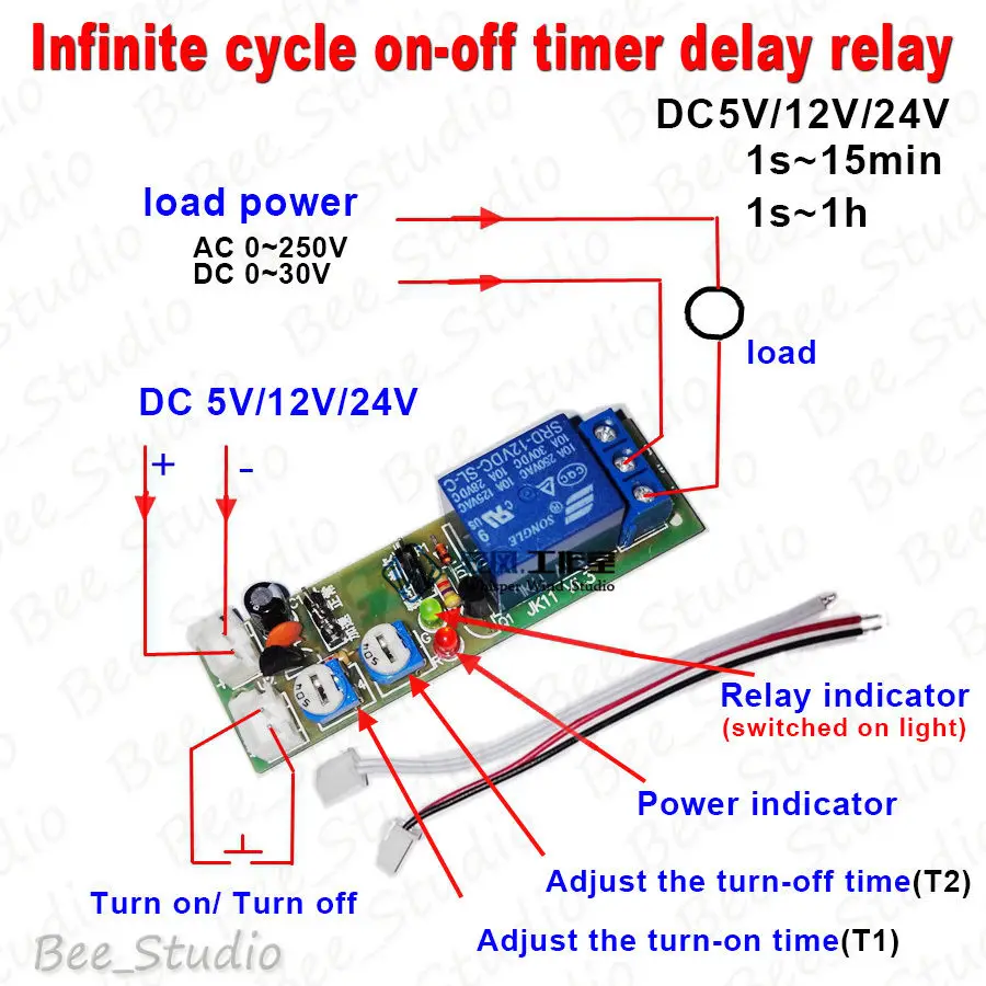DC 5V/ 12V/ 24V Trigger Infinite Cycle Delay Timer Relay Switch Turn On Off Loop Module 1s-100s ...