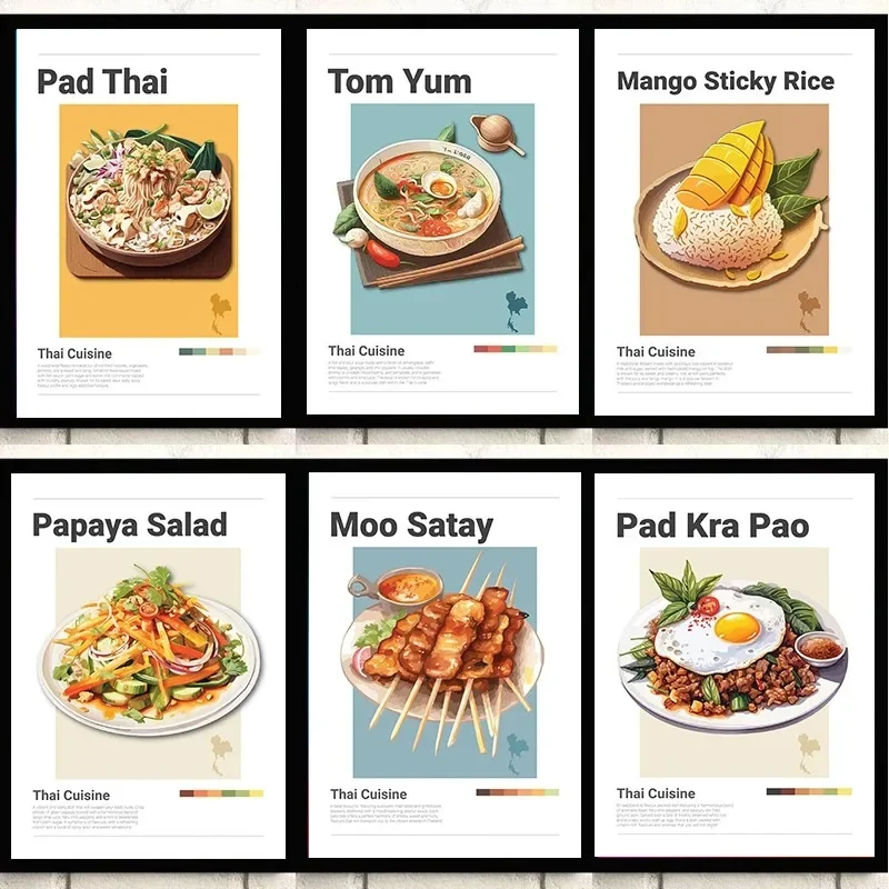 Thai Food Poster Canvas Print Yellow Curry Tom Kha Pad Thai Tom Yum ...