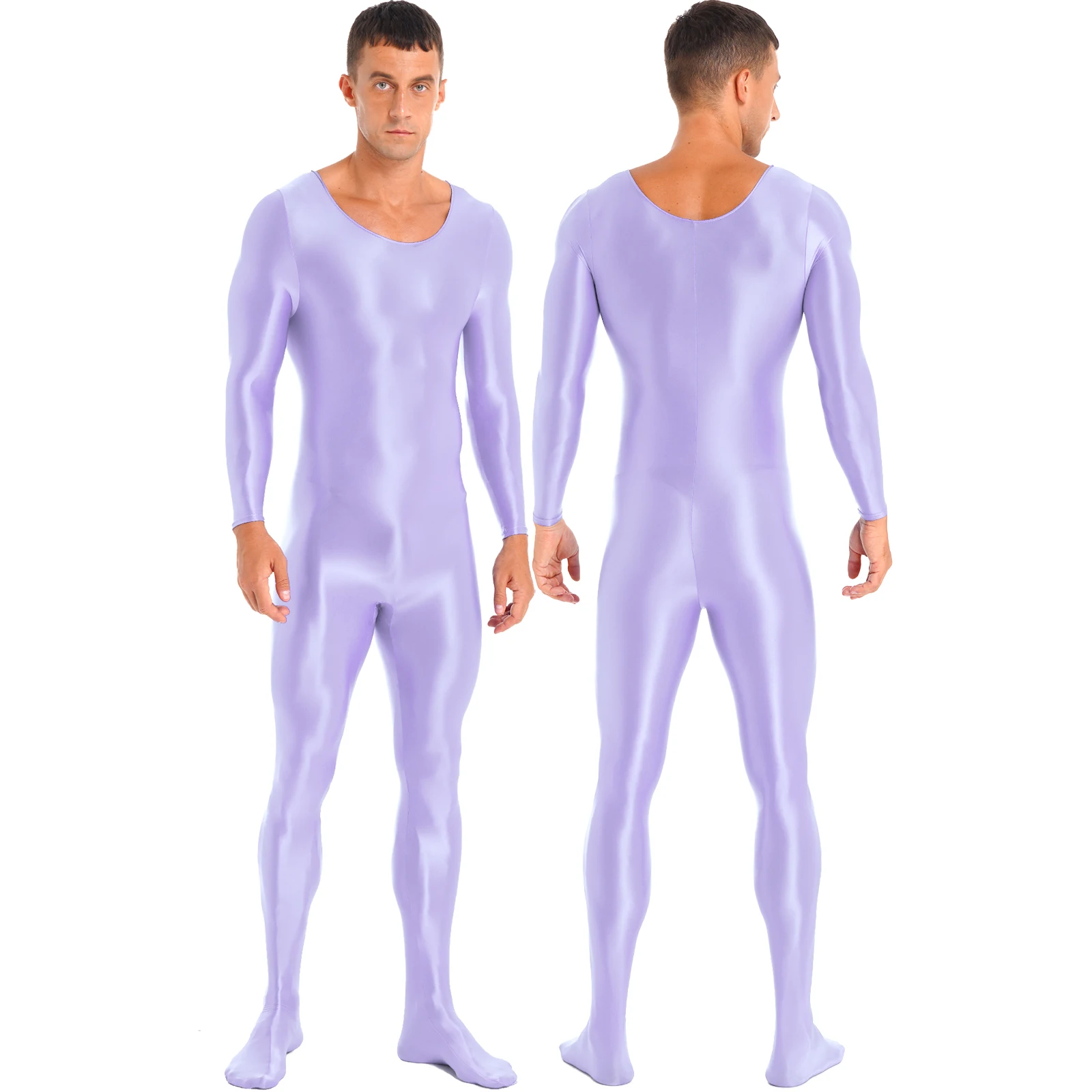 Mens Glossy Bodystocking Nightwear Long Sleeve Solid Color Stretchy ...
