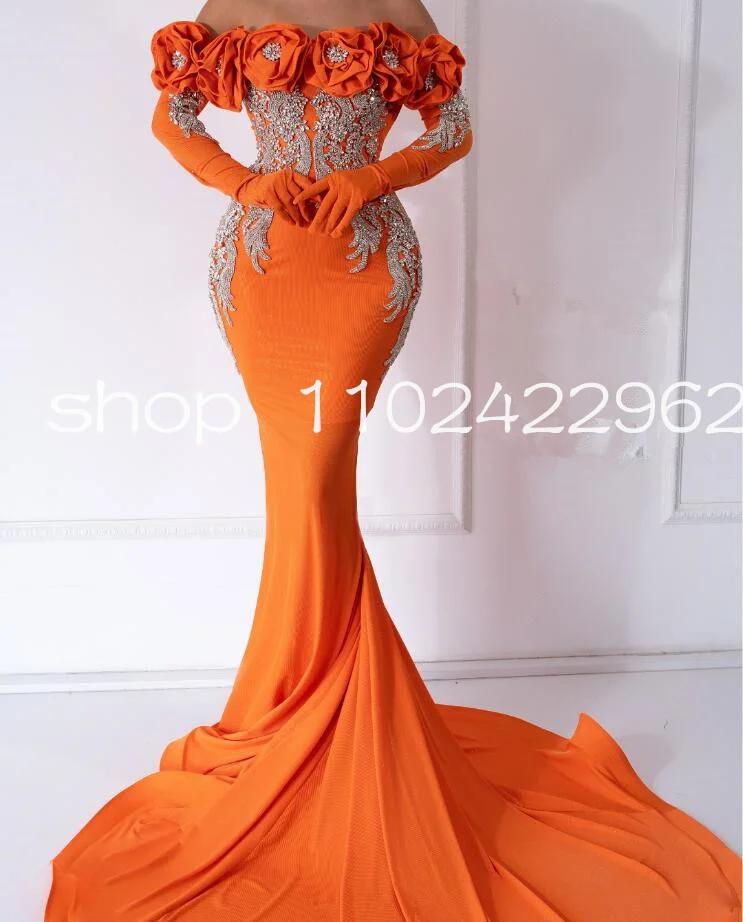Customized Sparkly Orange Mermaid Long Prom Formal Dress Luxury Crystal ...