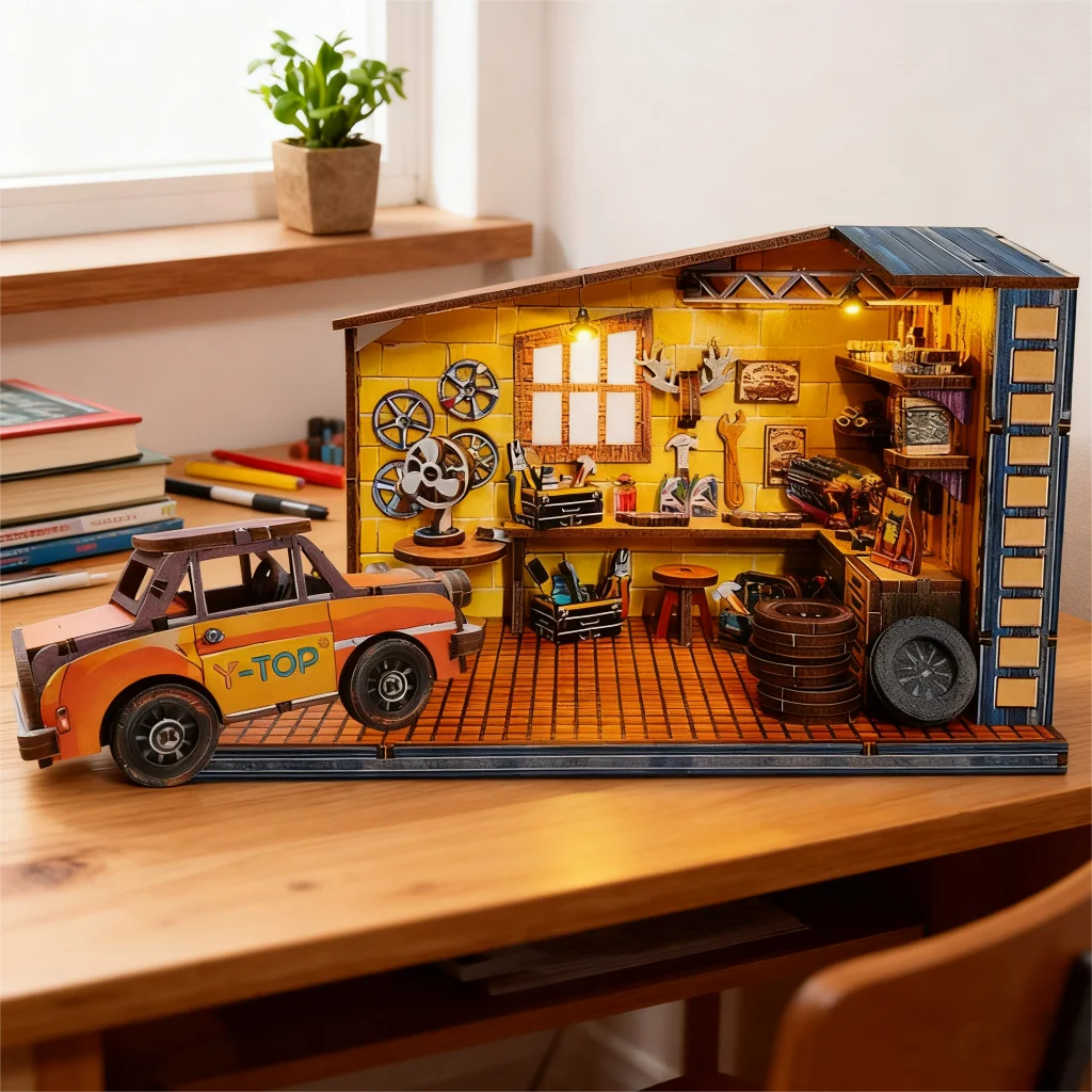 Vintage garage DIY wooden model kit miniature auto repair shop with ...