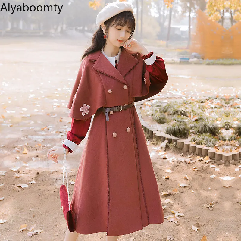 Mori Girl abrigo largo de lana para mujer, abrigo con cuello vuelto, cinturón bordado Floral ...