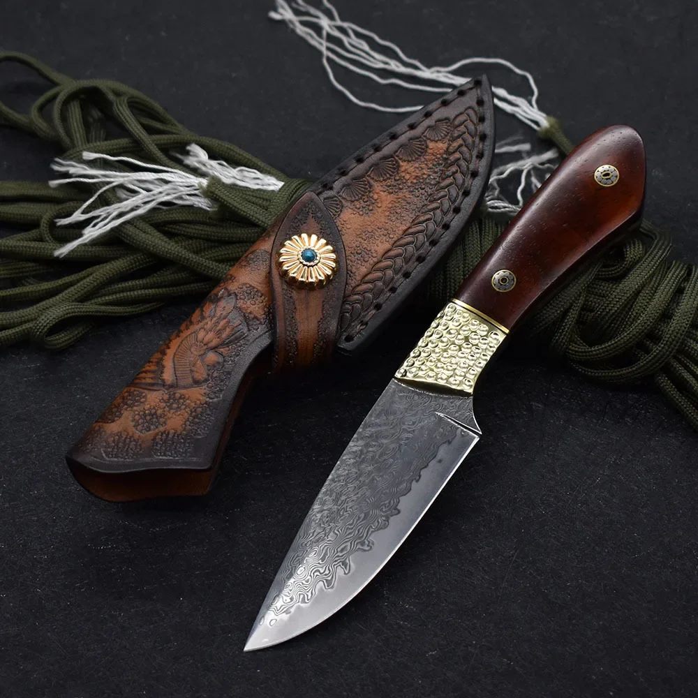 Damascus-Steel-Fixed-Blade-Knife-Sandalwood-Handle-Outdoor-Camping ...