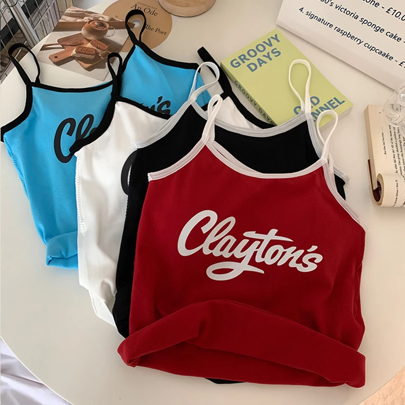 Y2K-Top-Women-Letter-Print-Crop-Top-Spaghetti-Strap-Tube-Top-Sleeveless ...