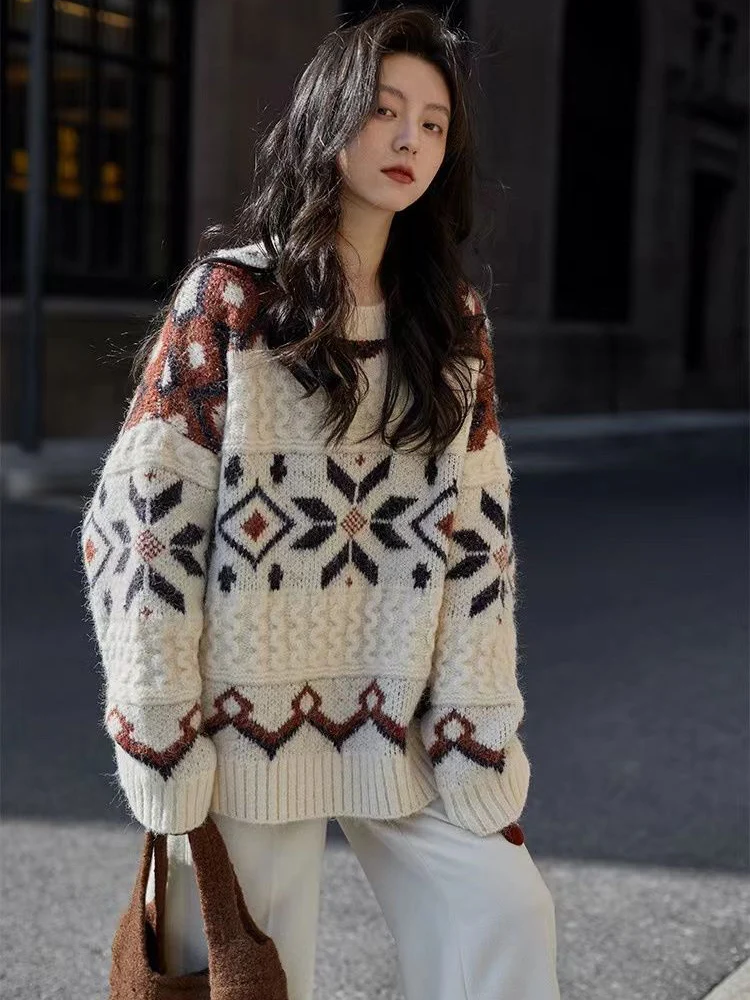 Jmprs Streetwear Retro Women Print Sweater Lazy Wind Oversize Knitted ...