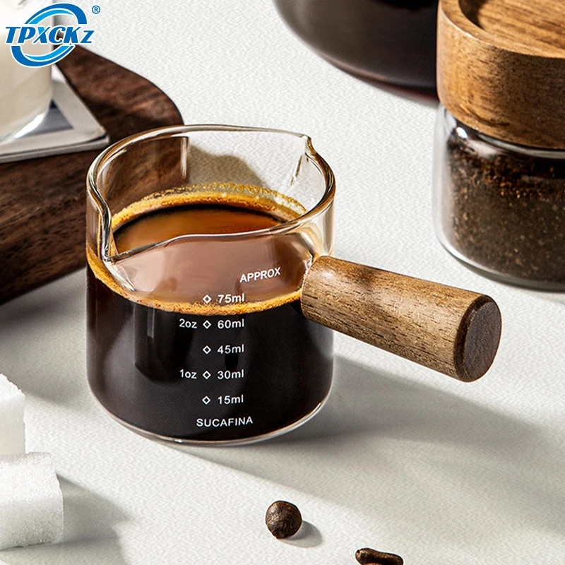 Wood Handle Glass Espresso Measuring Cup Double/Single Mouth Milk Jug ...