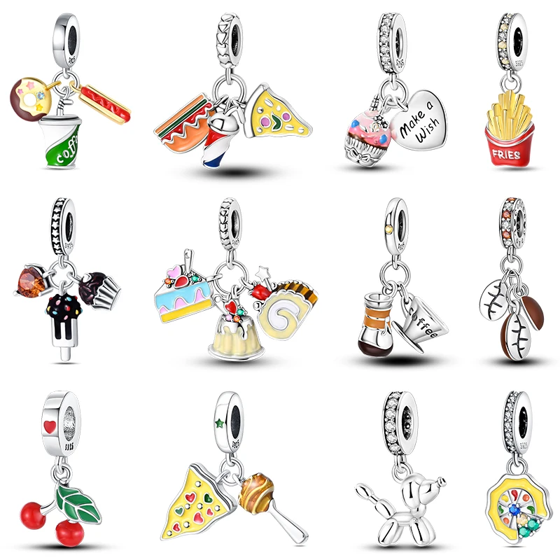Real-925-Sterling-Silver-Chocolate-Pizza-Cake-Fries-Food-Charms-Beads ...
