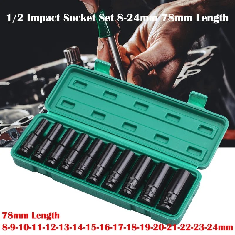 10PCS Impact Socket Set 1/2 Drive Hex 8 24mm Spanner Deep Socket Key ...