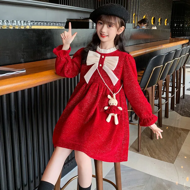 Autumn Winter Girls Dresses Long Sleeves Princess Warm Corduroy Dresses ...