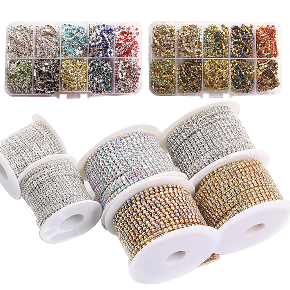 10 Yards Glitter Rhinestones Chain Gold And Silver Claw Base Shiny ...