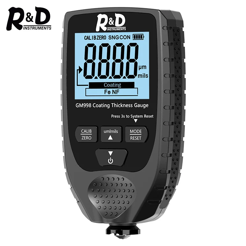 R And D Gm998 자동차 페인트 코팅 두께 게이지 자동차 페인트 전기 도금 금속 코팅 두께 측정기 0 1500um Fe And Nfe 감지 디지털 백라이트 Lcd 필름