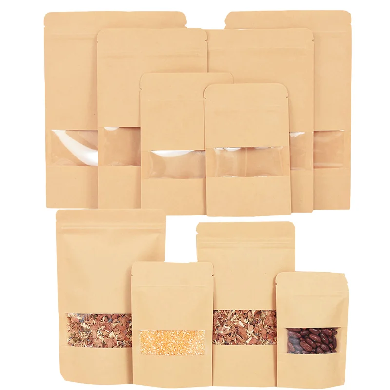 20-50pcs-Kraft-Paper-Zip-Lock-Bags-With-Window-Food-Snack-Tea-Self ...