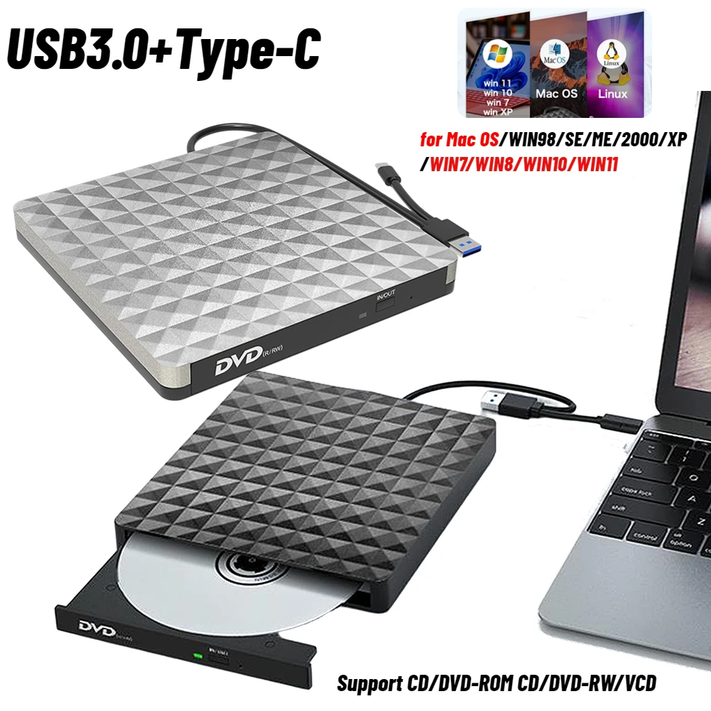 USB 3.0/Type C External CD DVD ROM Optical Drive Portable DVD Burner ...