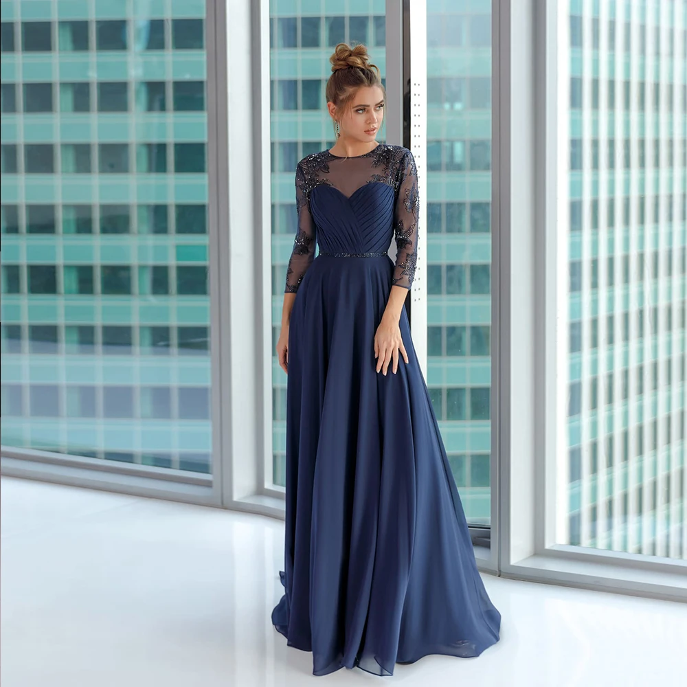 Navy Blue Chiffon Evening Dress Vintage Long Sleeves With Applique A ...