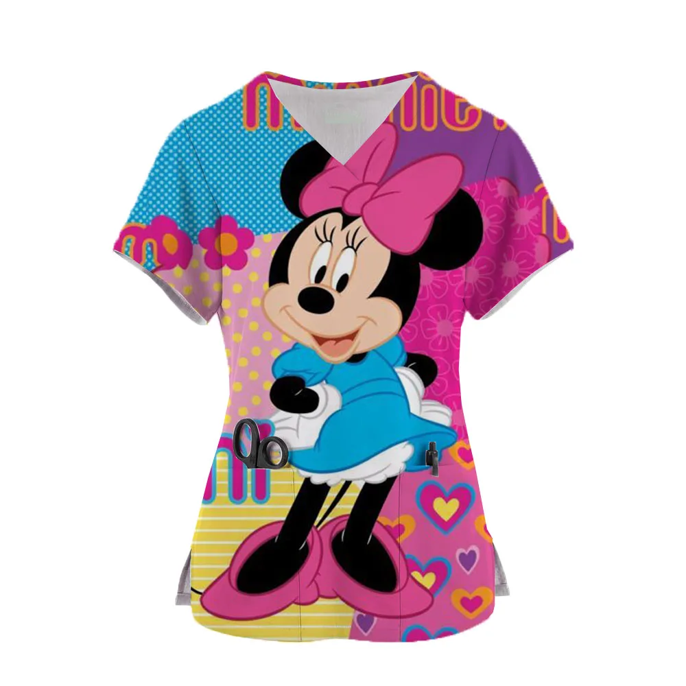 Disney-Minnie-Mickey-Mouse-Print-Working-Uniform-Women-Short-sleeved-V ...