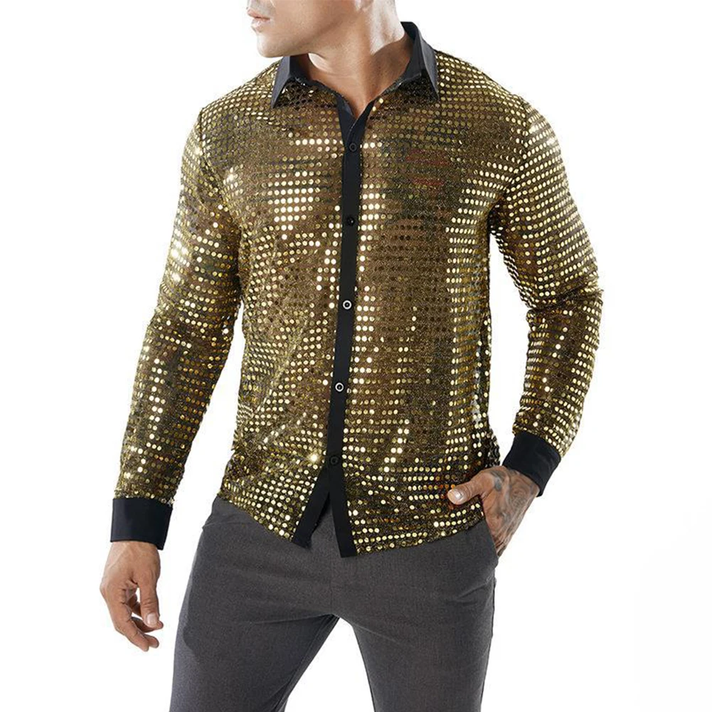 Men Sequined Shirt For Men Daily 1 1 Male Long Sleeve Golden Winter ...