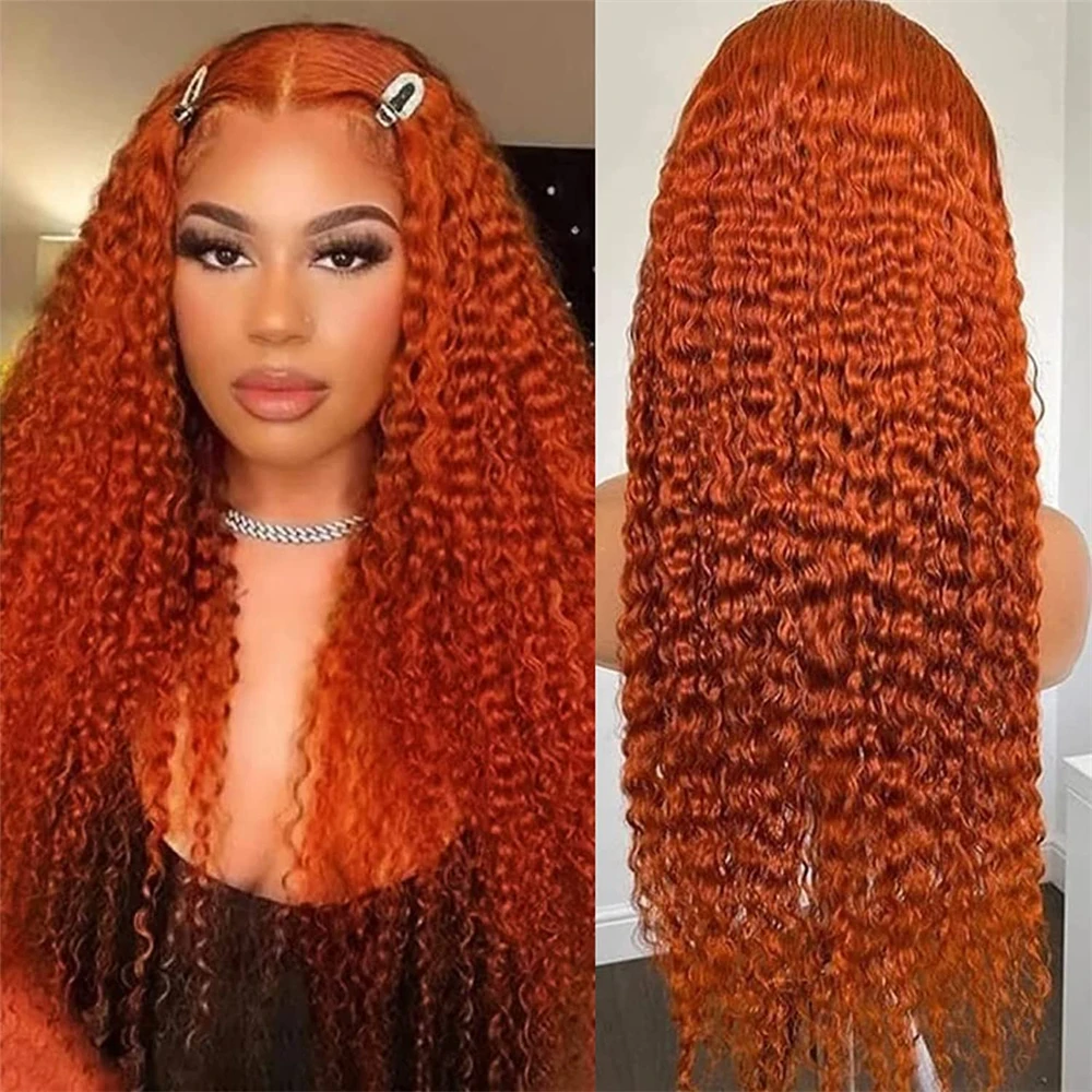 Ginger Orange Deep Wave Remy 13x4 Lace Frontal Wig Colored Curly ...