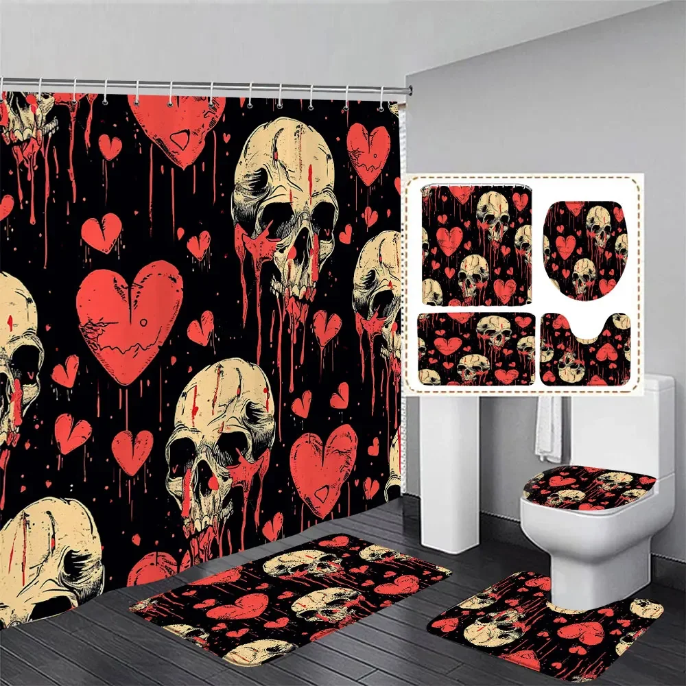 Halloween-Skeleton-Shower-Curtain-Red-Heart-Vintage-Floral-Gothic ...