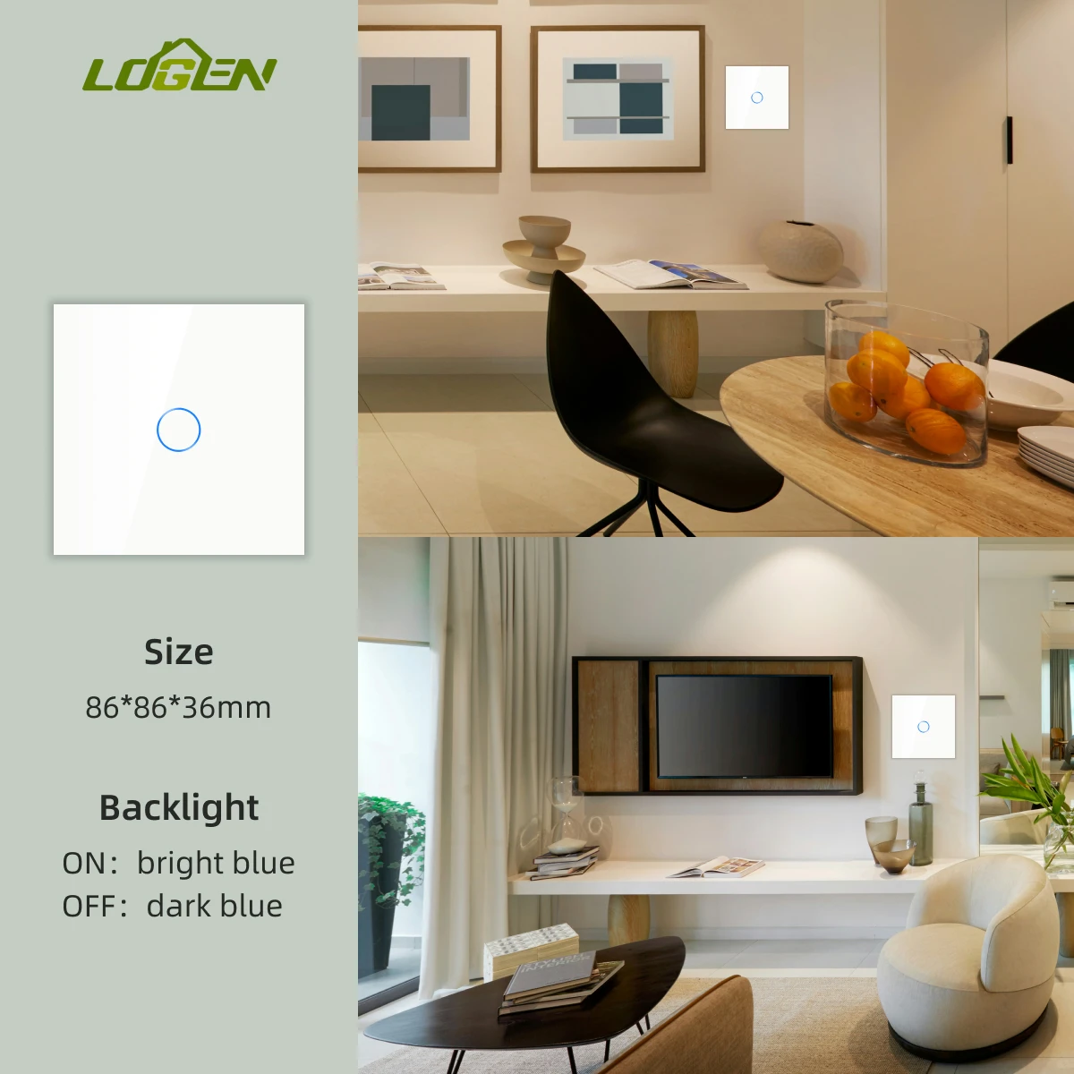 Logen-EU-Standard-Touch-Switch-1gang-1way-300w-gang-White-Switch-Single ...