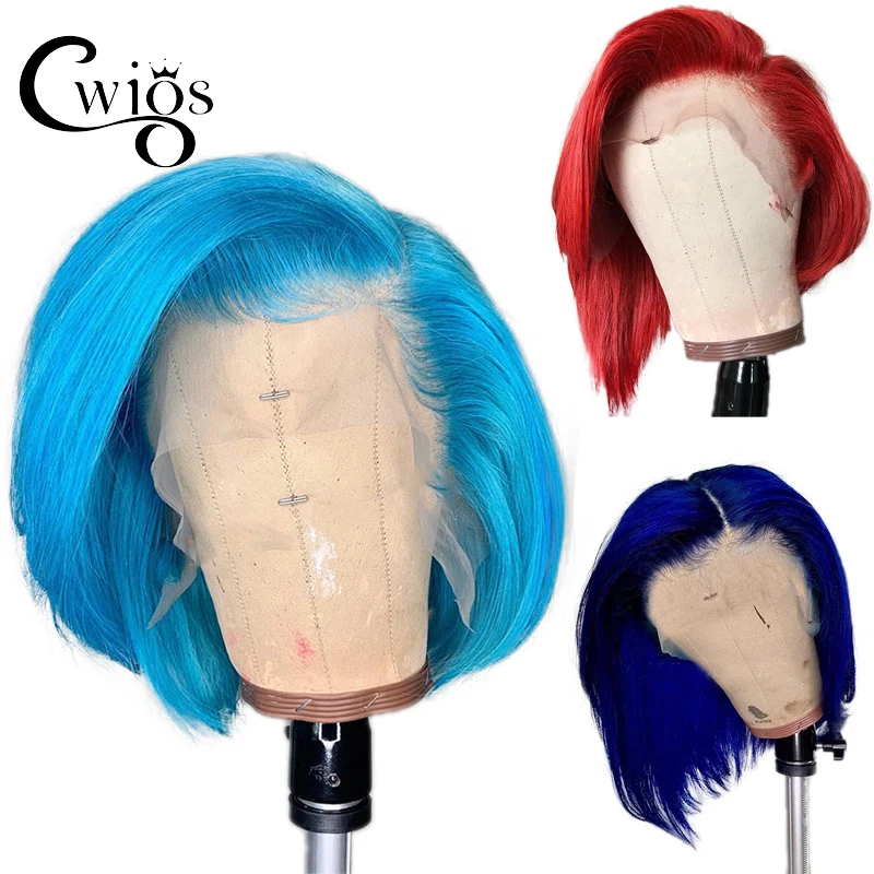 Short Pixie Cut Straight Blue Blonde Red Color Glueless Synthetic 13x4 ...