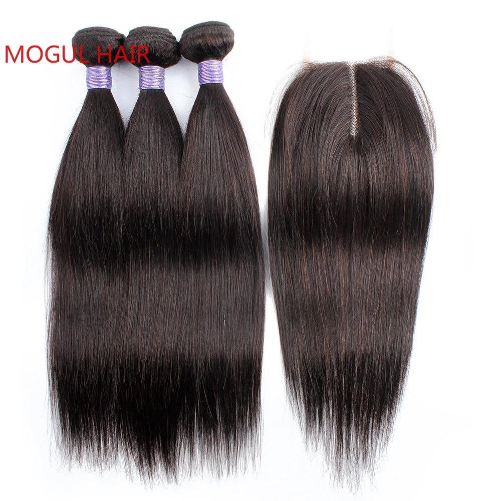 Straight Human Hair 3 Bundles with Closure Transparent Lace Free Middle ...