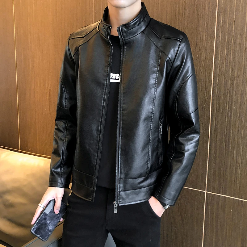 Business Mens Fashion Leather Jacket Casual Slim Fit Stand Collar ...