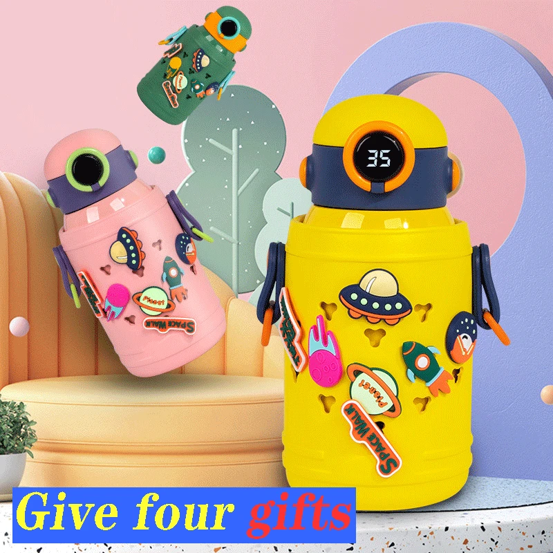 귀여운 귀여운 빨대 스테인레스 스틸 어린이 보온병 물병, 지능형 표시 온도, 만화, 학생, 여고생 물컵