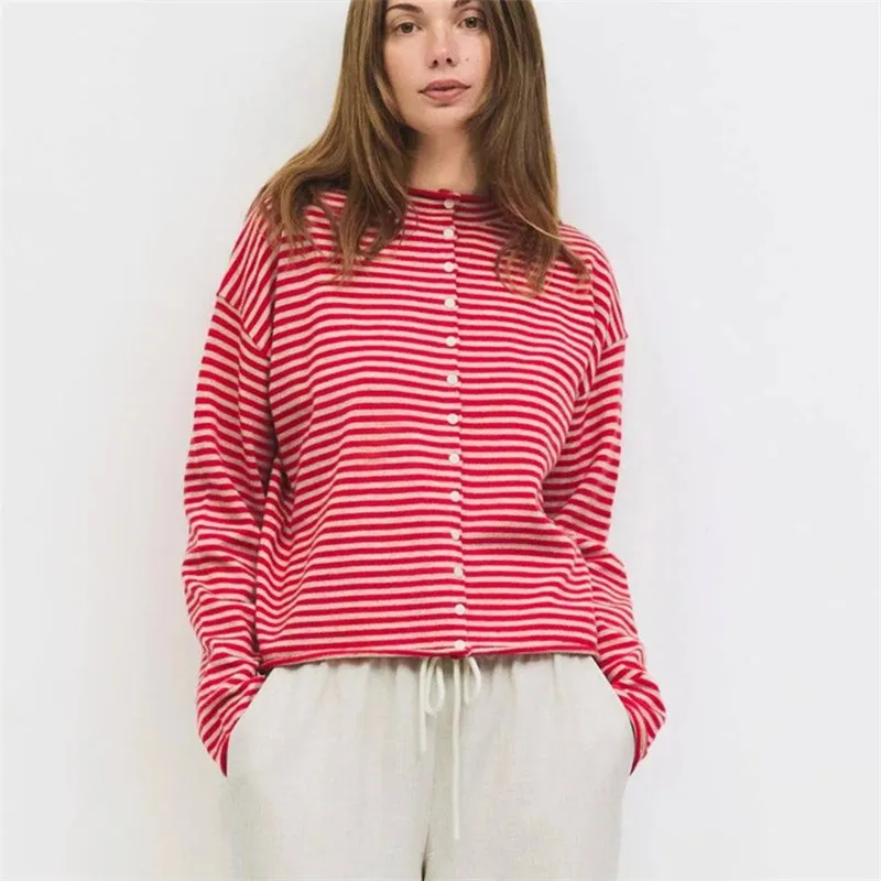 Womens Button Down Cardigan Striped Long Sleeve Sweater Jacket Crew ...