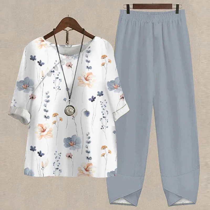 Conjunto-de-Top-de-cuello-redondo-y-Pantalones-rectos-para-mujer-con ...