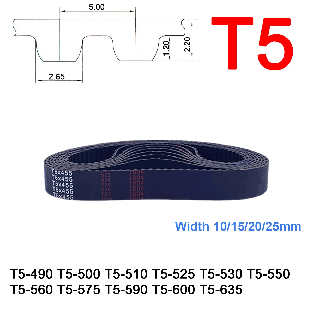1Pcs Width 10/15/20/25mm T5 Rubber Timing Belt Pitch Length 490 500 510 ...