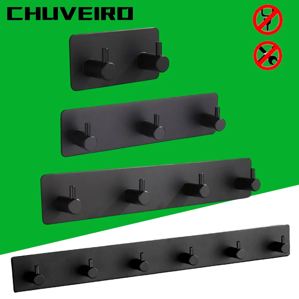 Adhesive-Wall-Hook-Black-304-Stainless-Steel-2-3-4-6-Row-Bathroom-Hooks ...