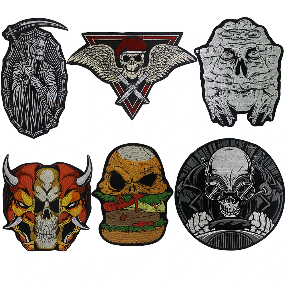 Punk Rock Sickle Skull Hamberger Embroidery Patches Drive Skeleton Bone ...