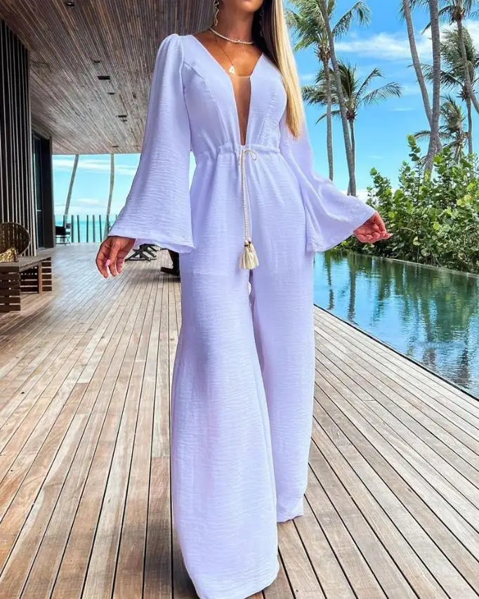 Macacões para as mulheres 2023 primavera moda sino manga sem costas ...