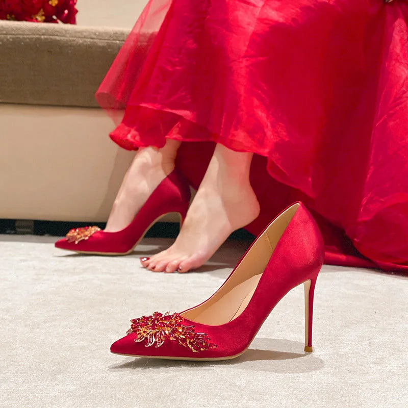 Red Shoes High Heels Wedding Chinese | Red Chinese Lace Wedding Shoes ...