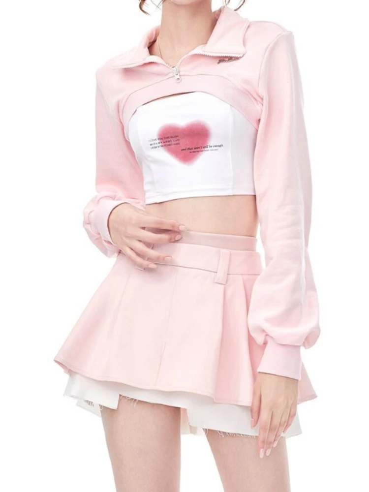 스위트 큐트 프레피 스타일 스웨터 하트 프린트 탱크 여성용 신제품 슬림 턴 다운 칼라 긴 소매 탑스 미니 스커트 세트 2022