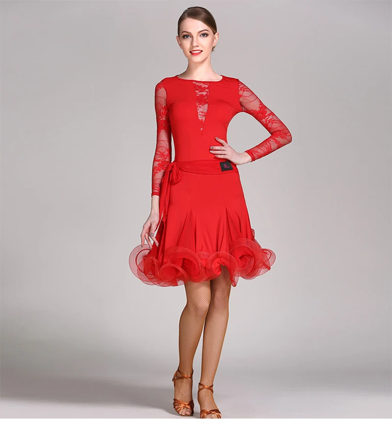 Standard-Latin-Dance-Skirt-Women-Long-Sleeve-Lace-Tango-Rumba-Samba-Red ...