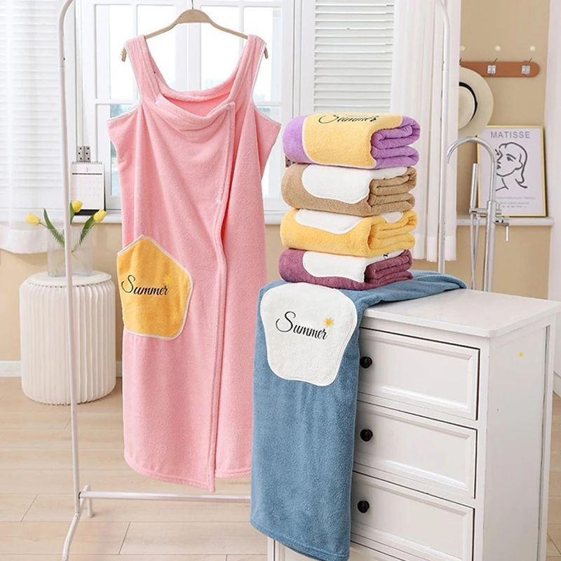 Coral-velvet-One-shoulder-wearable-camisole-bathrobe-suspender-large-bath-towel-with-have-pocket ...