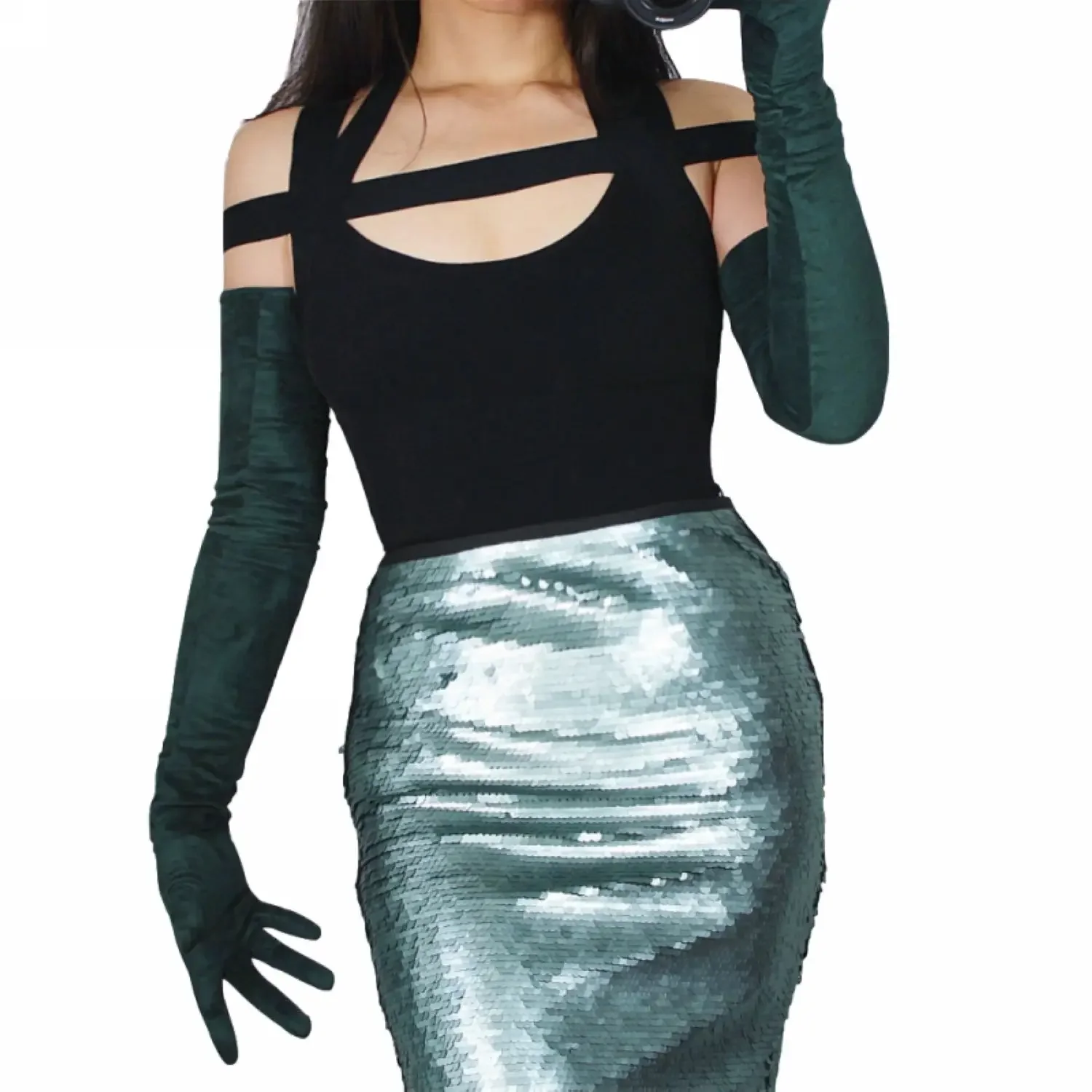 DooWay Women's Dark Green Suede Glove Opera Long Faux Leather Stretchy ...