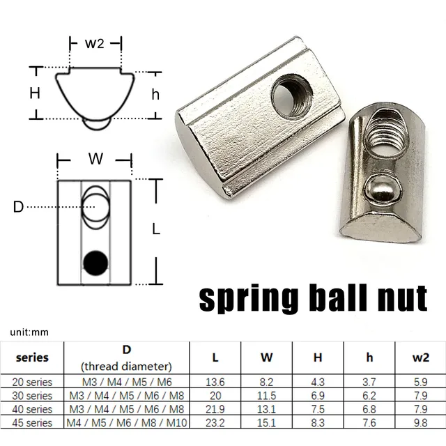 5pc M3 M4 M5 M6 M8 M10 T Shape Block Sliding Nut Drop In Spring Ball Shrapnel for 20 30 40 45 ...