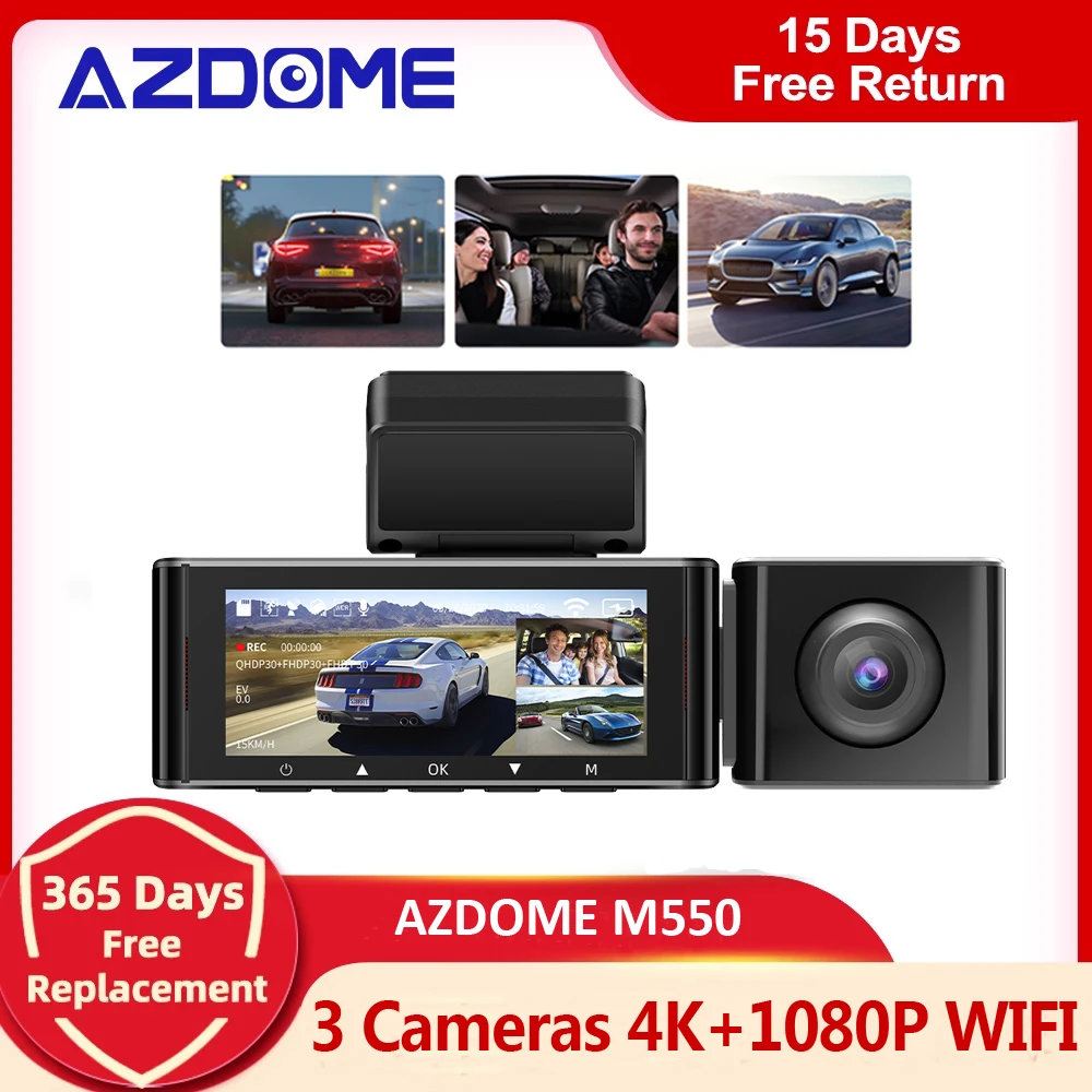 Azdome Dash Cam 4k+1080p Front And Rear And Inner Car Dvr 3 Cameras Gps ...