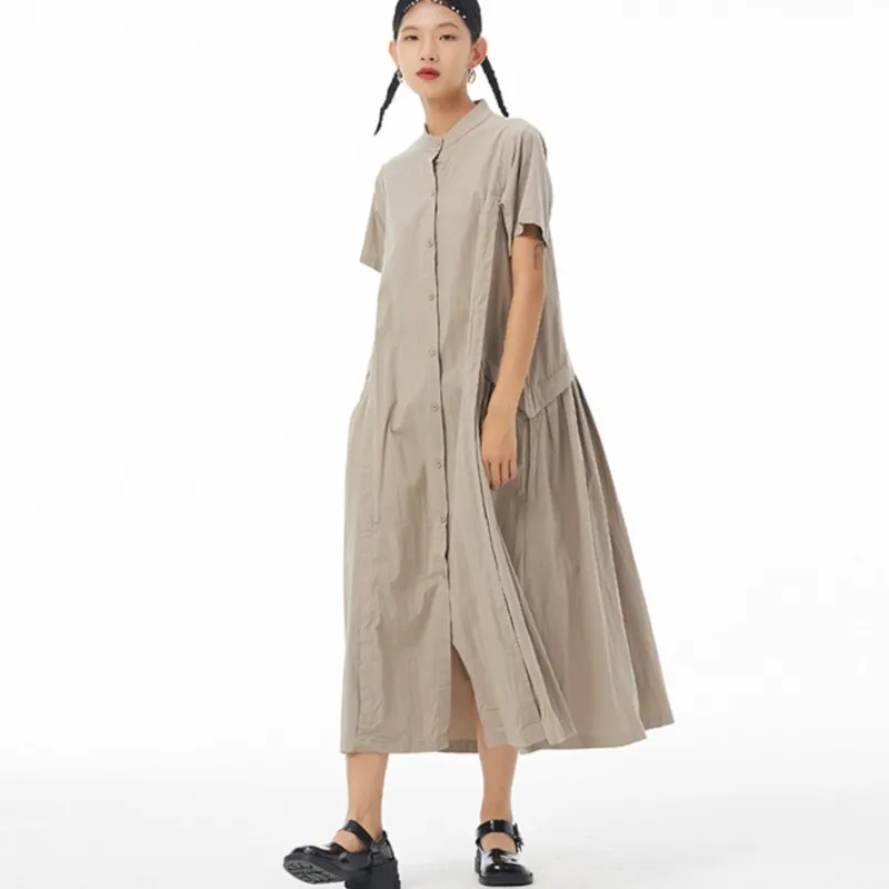 Johnature-gaun-lengan-pendek-wanita-gaun-katun-longgar-warna-polos ...