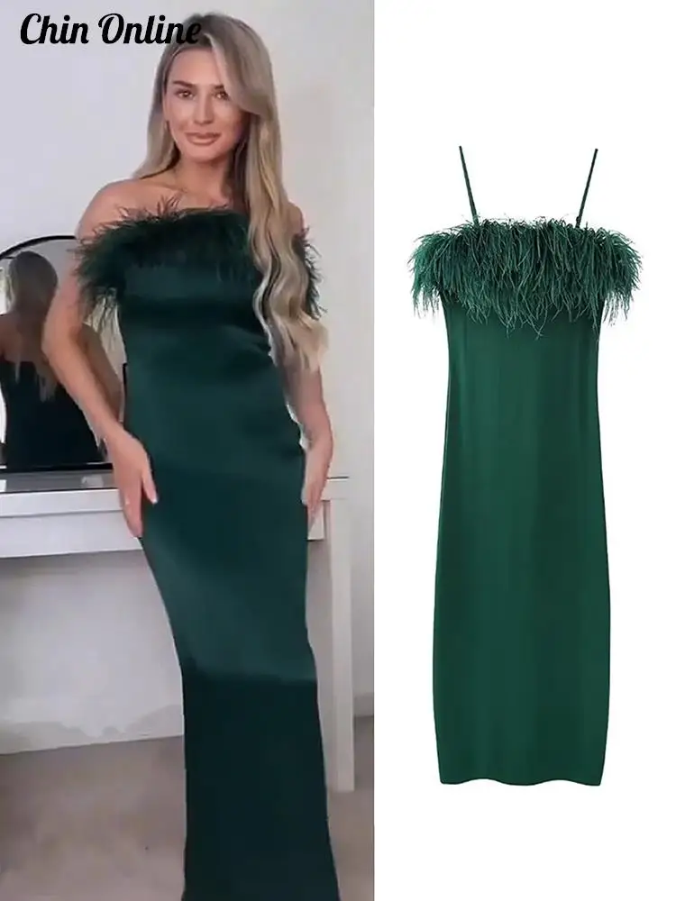 Sexy-Satin-Feder-langes-Wickel-kleid-Frauen-elegante-tr-ger-lose ...