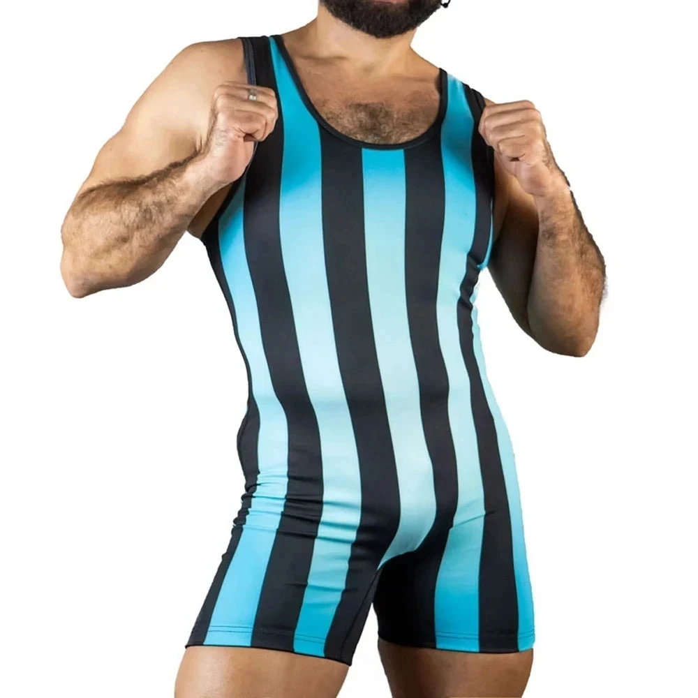 Vertical-Stripes-Wrestling-Singlet-Sleeveless-Bodysuit-Outfit-Underwear ...