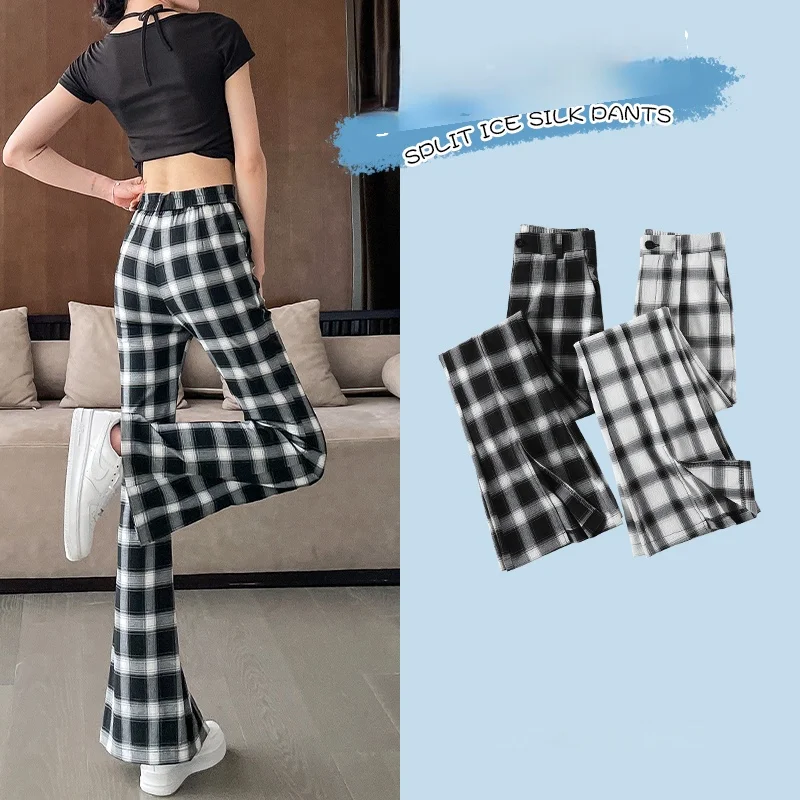 Plaid-Slightly-Flared-Ice-Silk-Casual-Pants-Summer-Thin-2023-New-Summer ...