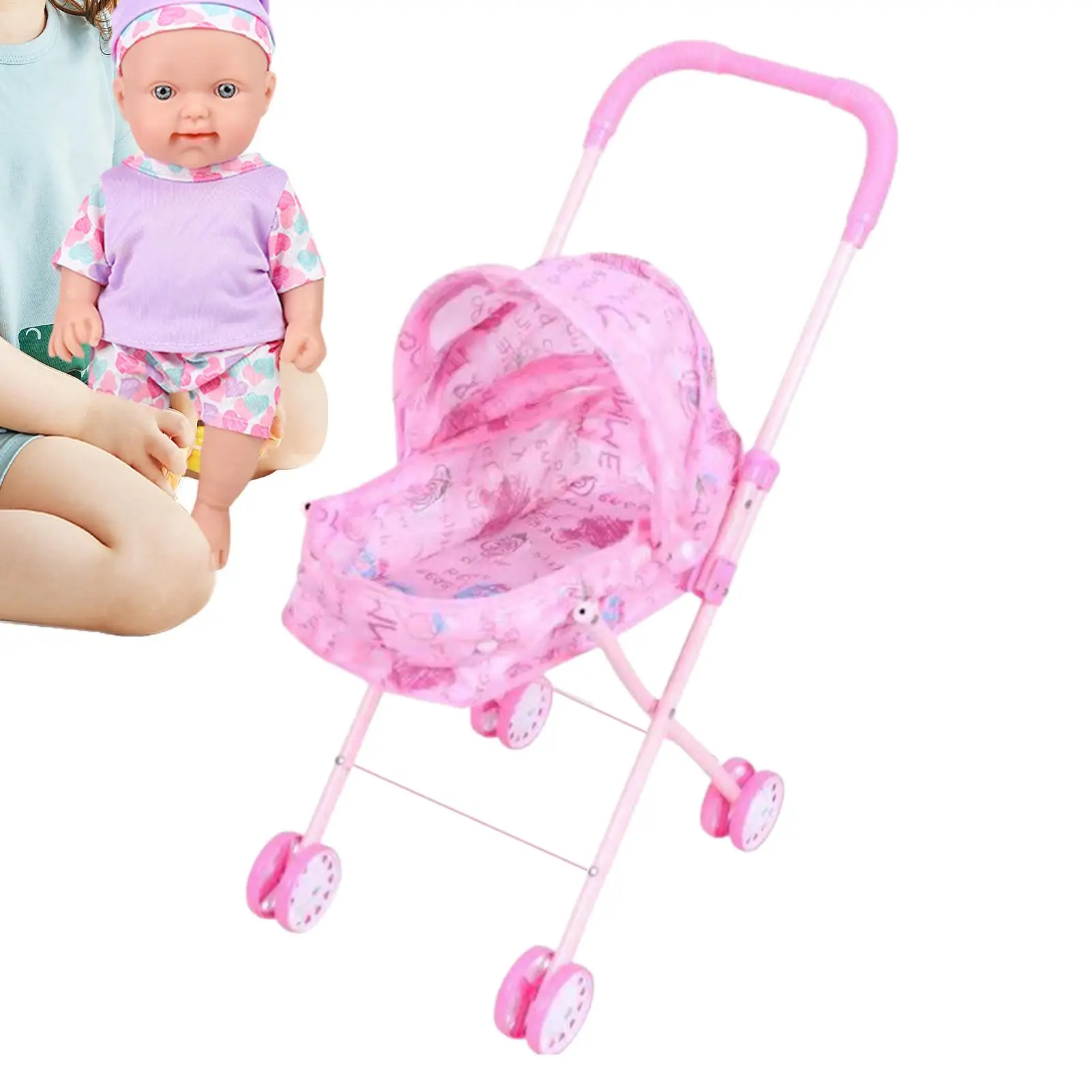 Baby Doll Stroller Pretend Play Stroller With Canopy Realistic Foldable ...