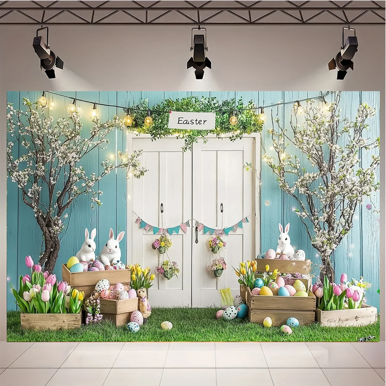 Easter background flag, vernacular style blue wood panels with rabbits ...