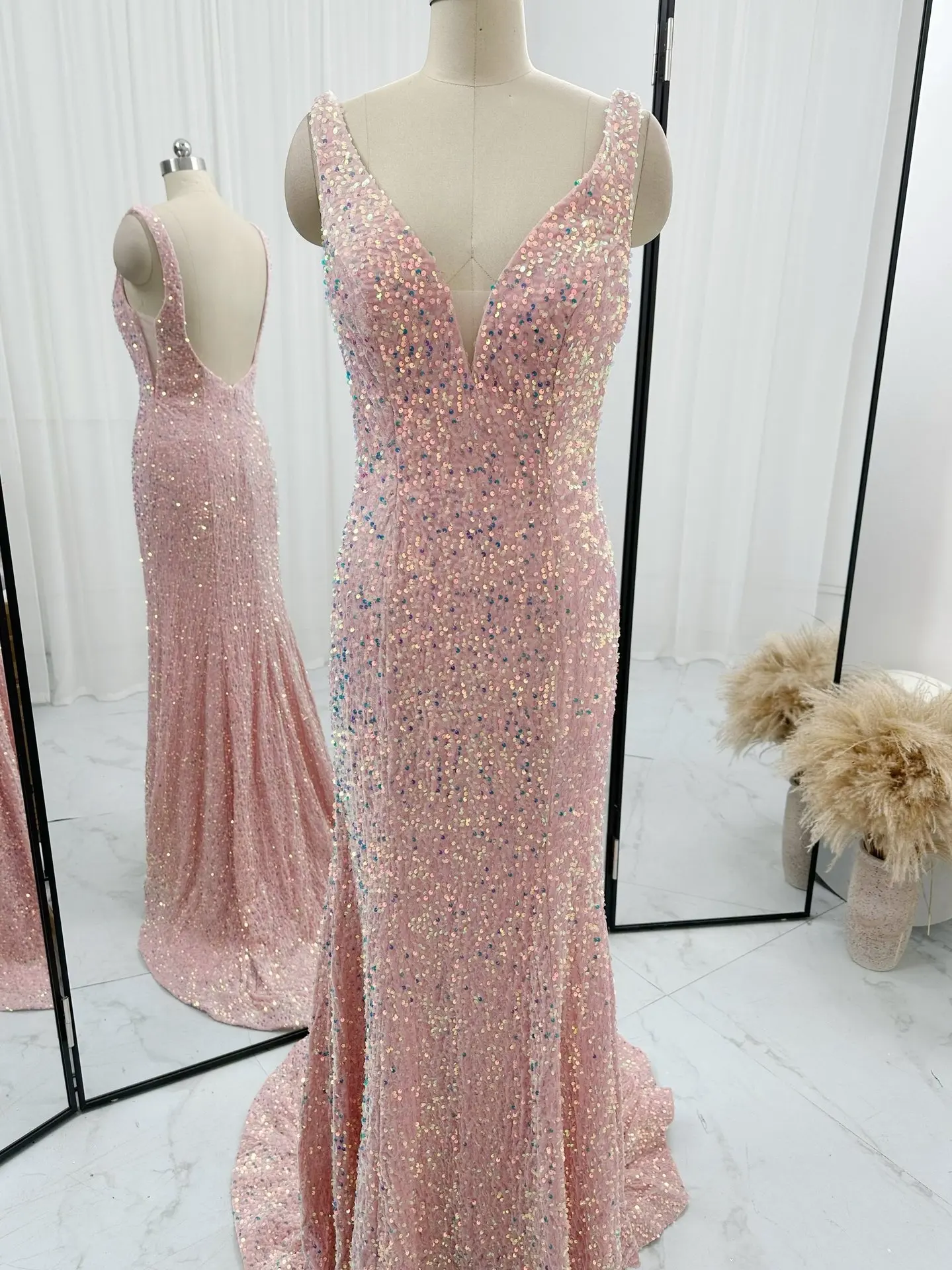 Pink-Sweet-Fairy-Sequenant-Deep-V-Neck-Dragon-Banquet-Evening-Dress ...