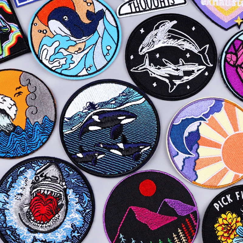 Wave/Dolphin Shark Patch Outdoor Embroidery Patch Iron On Patches For Clothing Thermoadhesive ...
