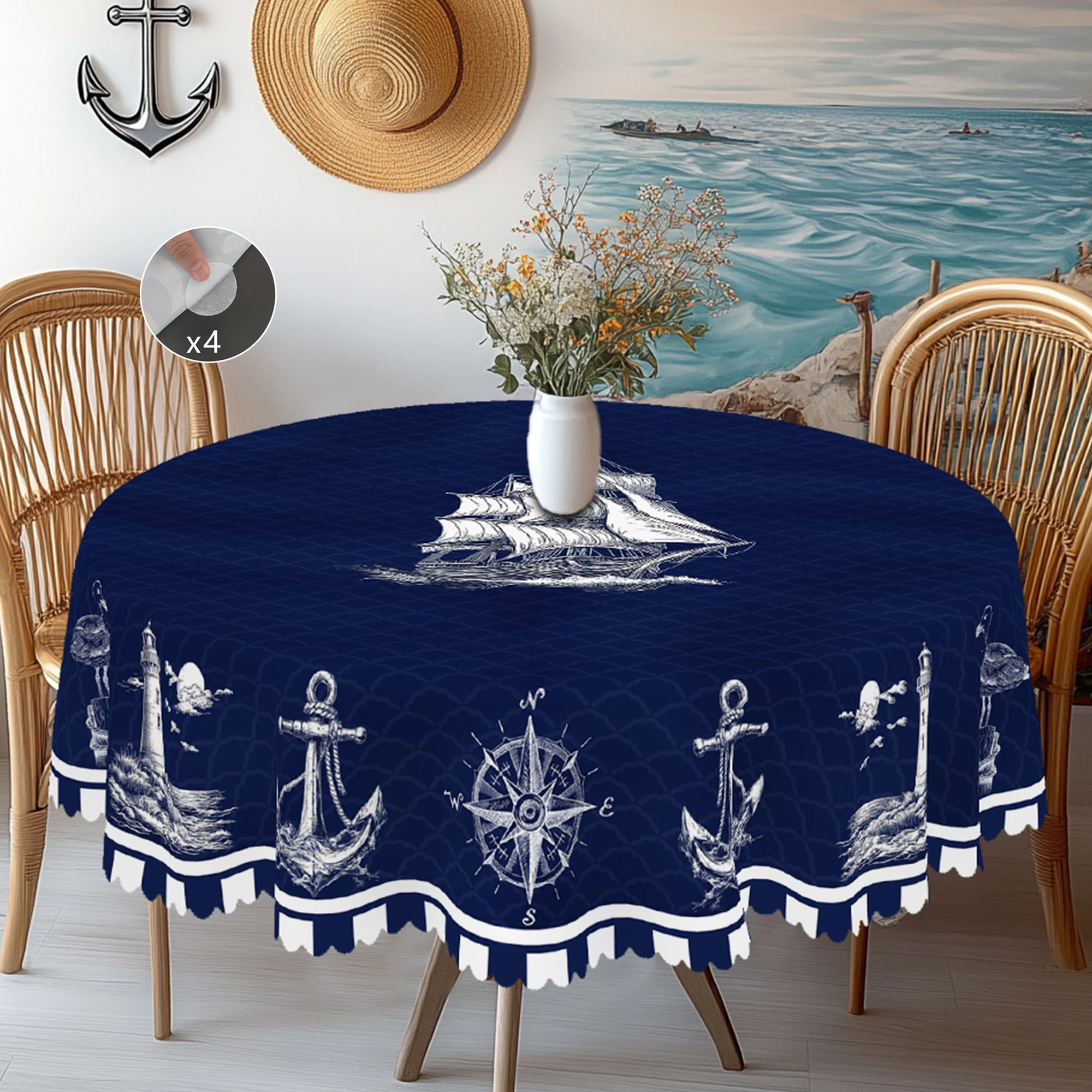 1 Piece Summer Ocean Theme Blue Printed Tablecloth, Farmhouse Style ...