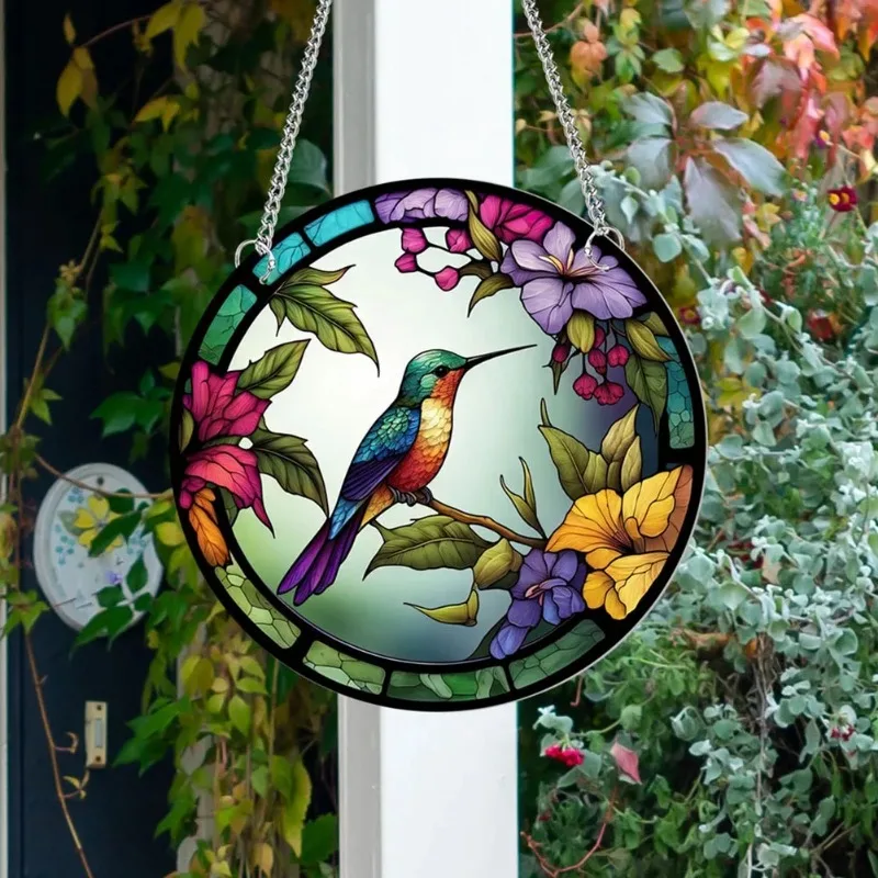 Hummingbird-Pattern-Stained-Window-Personality-Colorful-Flower ...